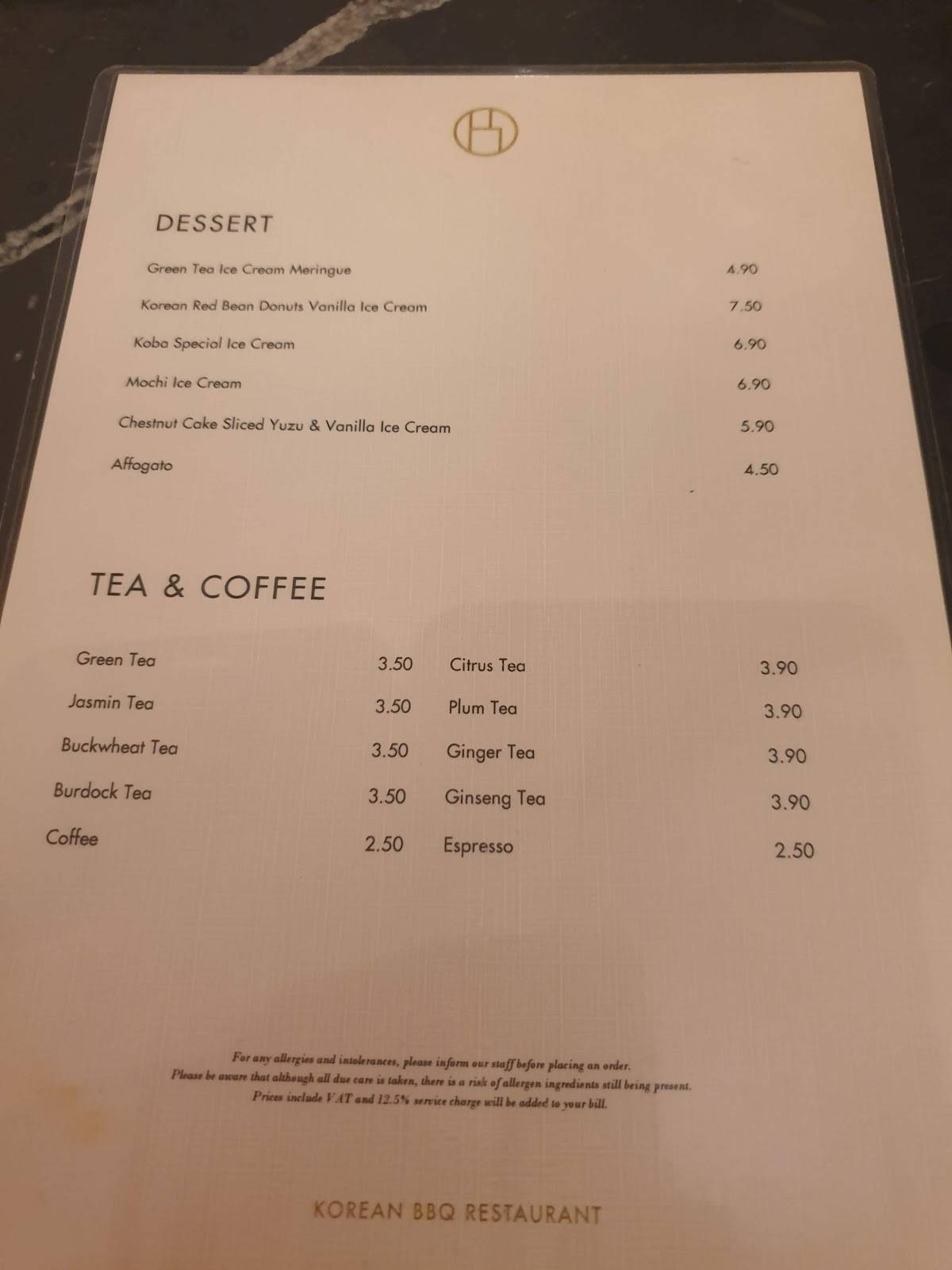 Menu at KOBA restaurant, London
