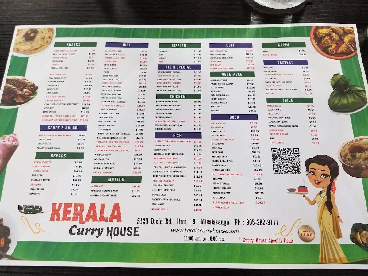 Menu au Kerala Curry House restaurant, Mississauga