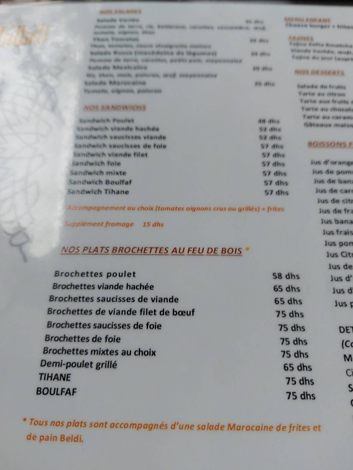 Carta de Restaurant LALLA Mahaj Riad, Rabat