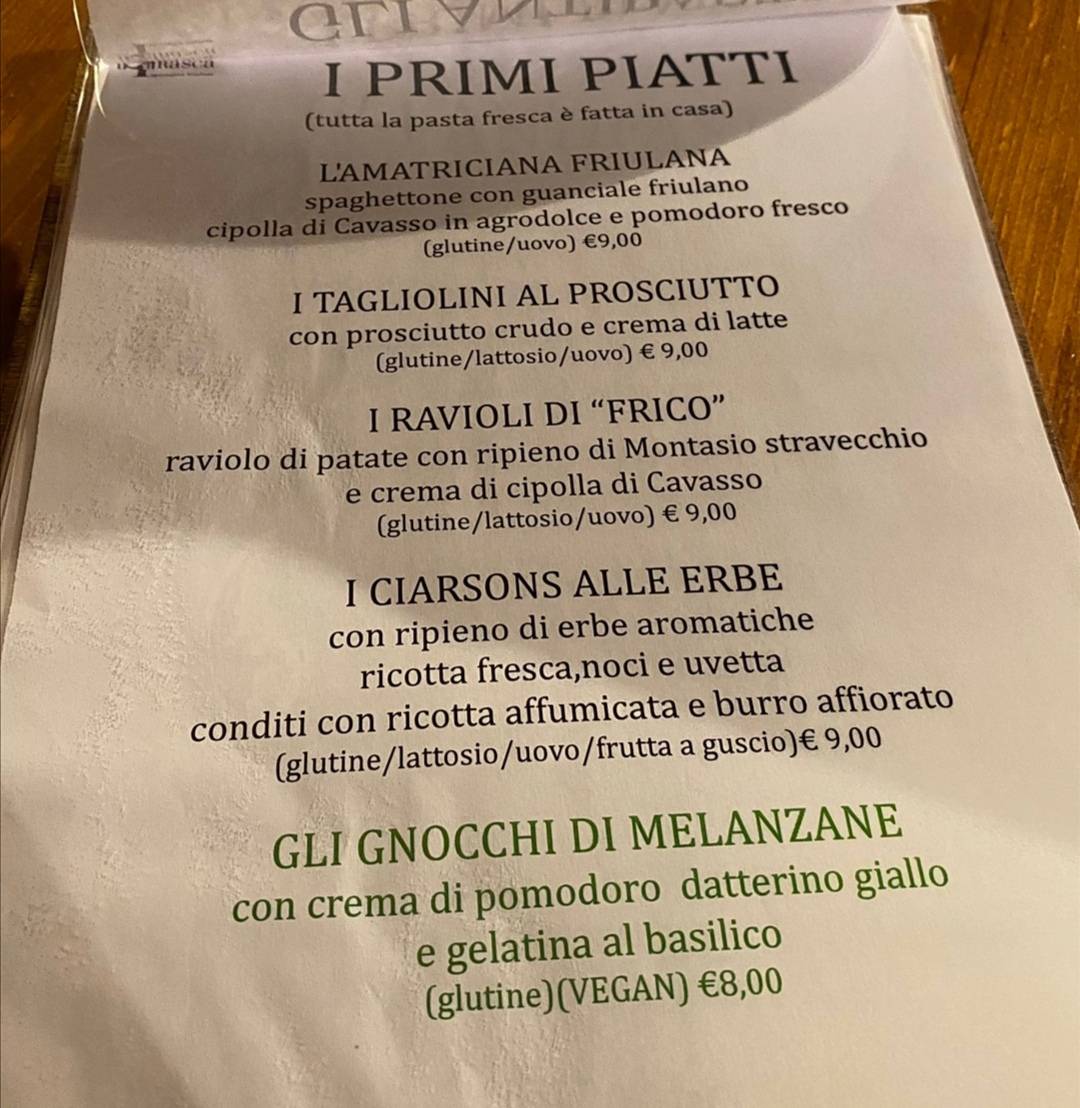 Menu da La Frasca ristorante, Pavia di Udine
