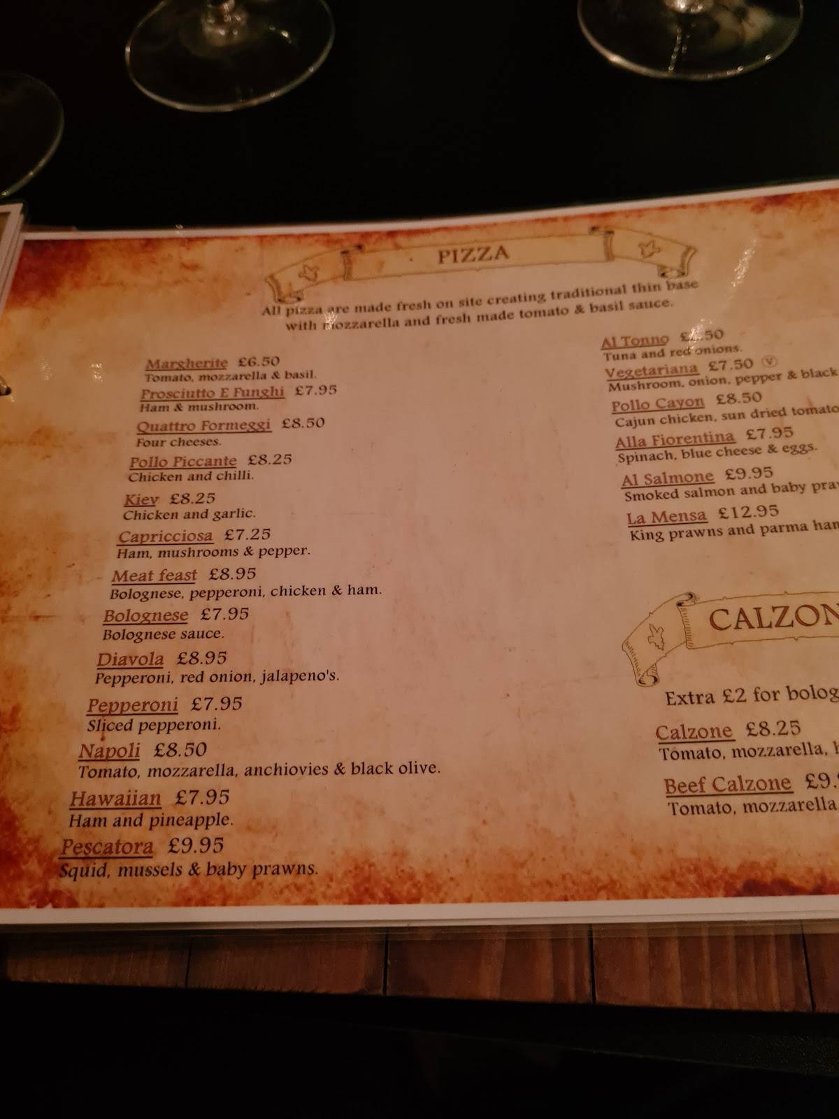 Menu at La Mensa restaurant, Rothbury
