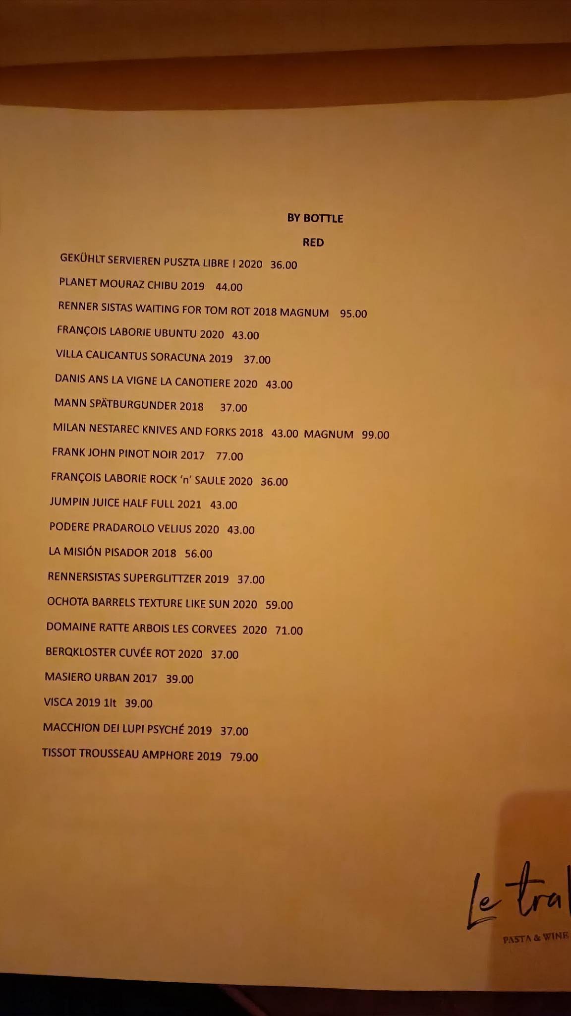 Menu at Le Travi restaurant, Vilnius