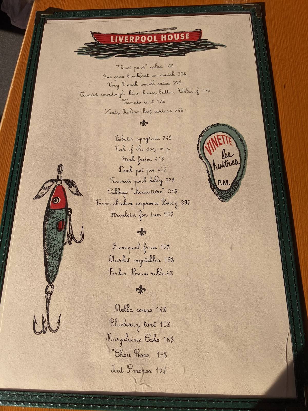 Menu at Liverpool House restaurant, Montréal