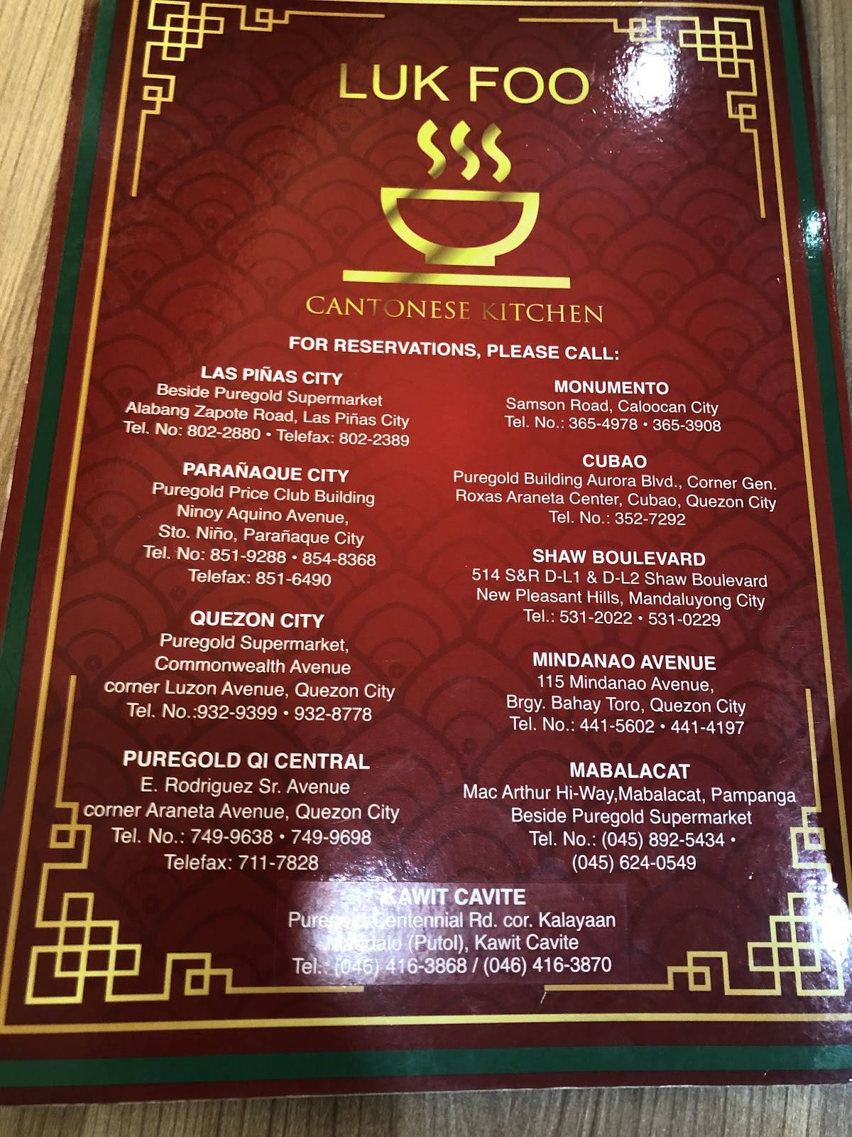 Menu at Luk Foo Cantonese kitchen 樂富 restaurant, Makati, 1227 H.V. Dela ...