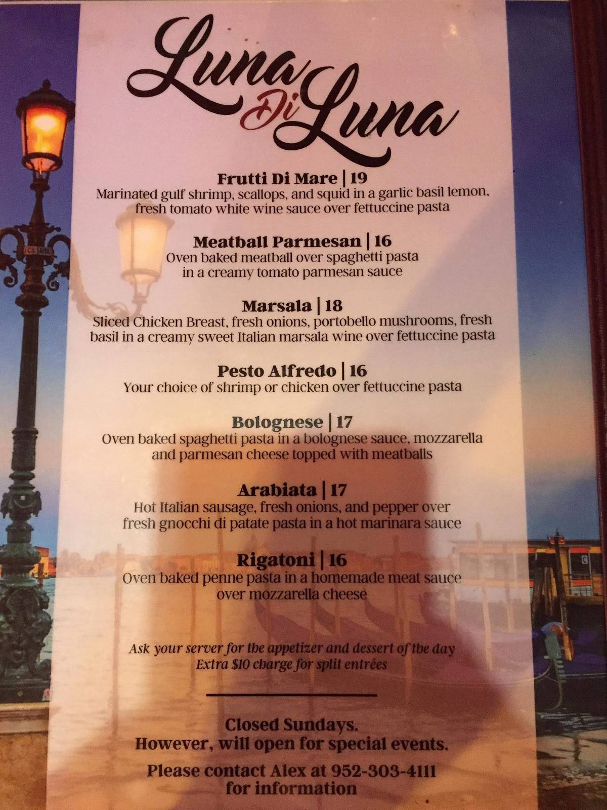 Menu at Luna Di Luna restaurant, Bloomington