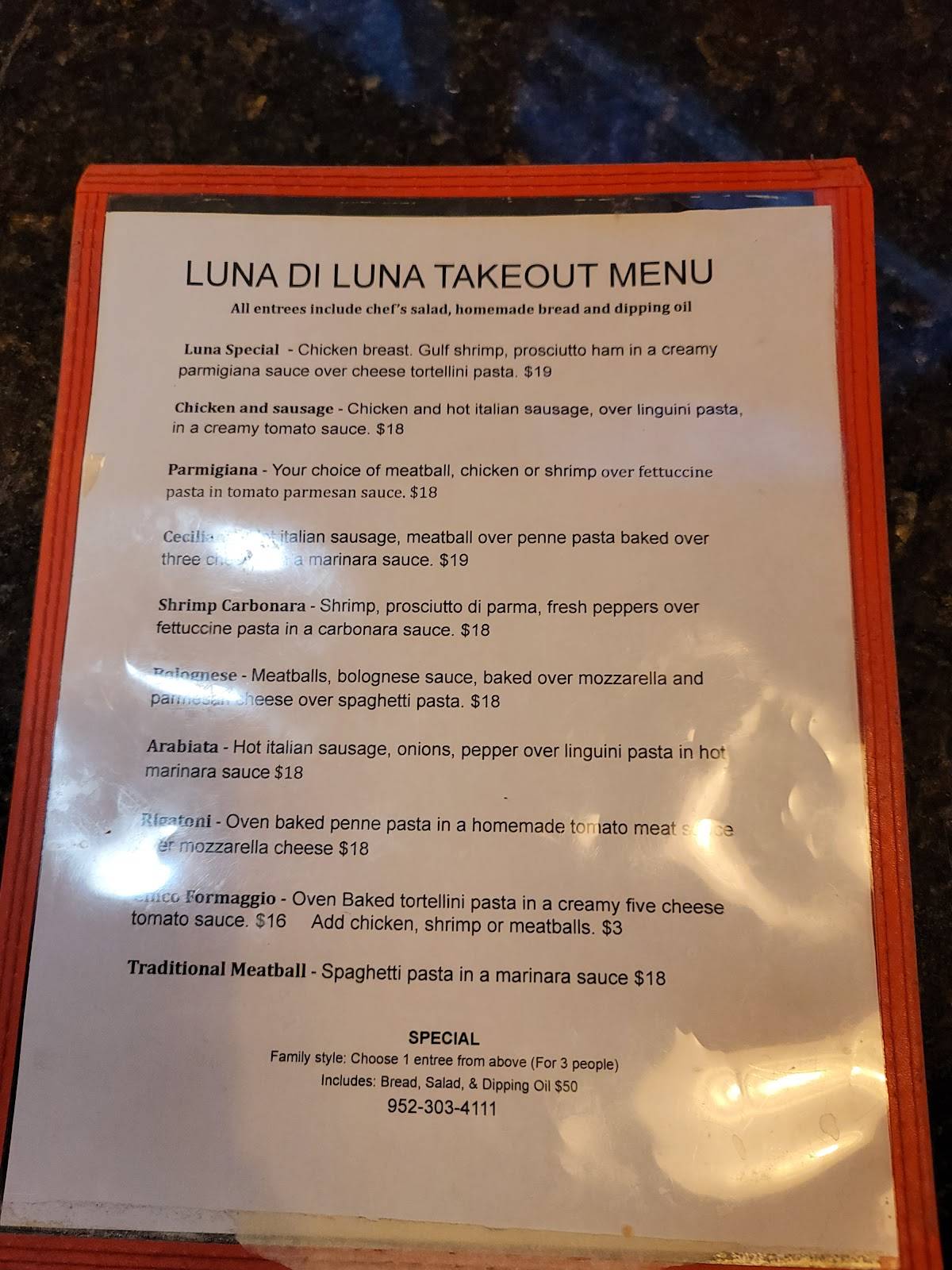 Menu at Luna Di Luna restaurant, Bloomington
