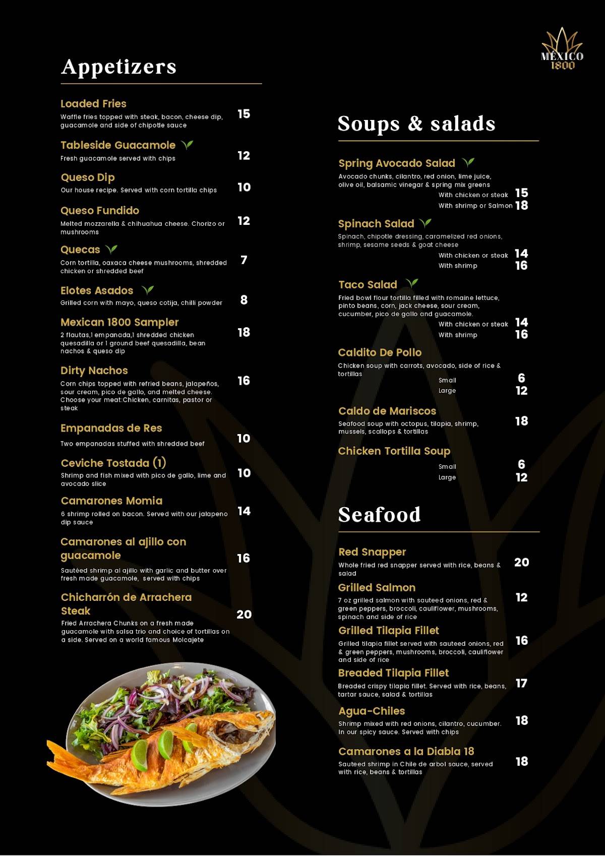 Menu at MÉXICO 1800 Traditional Kitchen & Tequila Bar (Formerly ...