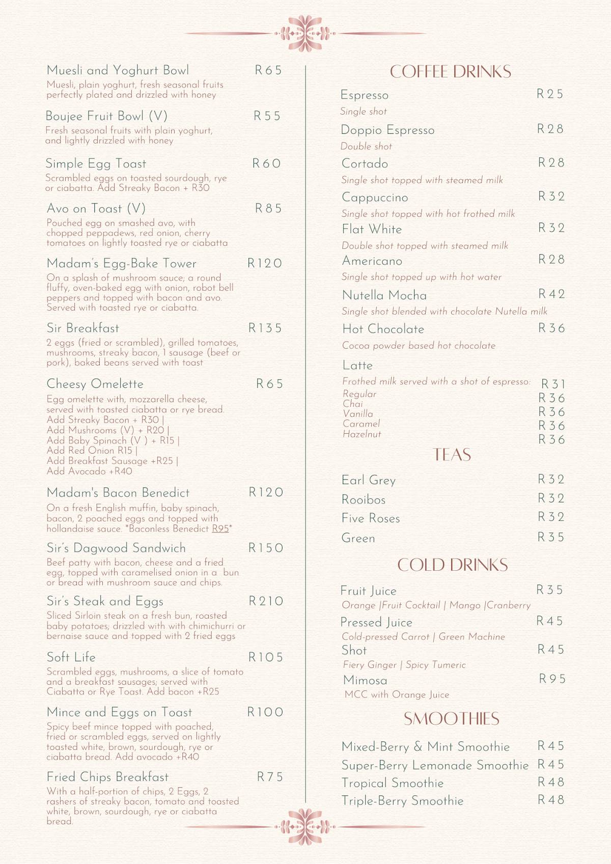 Menu at Madam & Sir Florida Road restaurant, Durban
