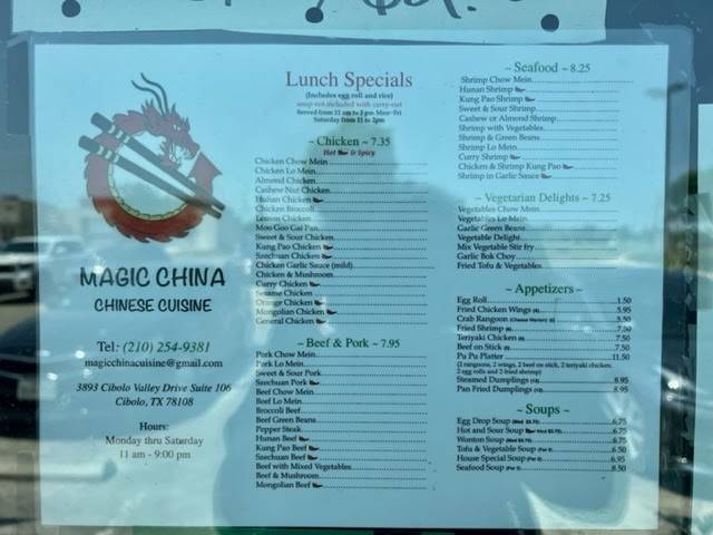 Menu at Magic China restaurant, Cibolo