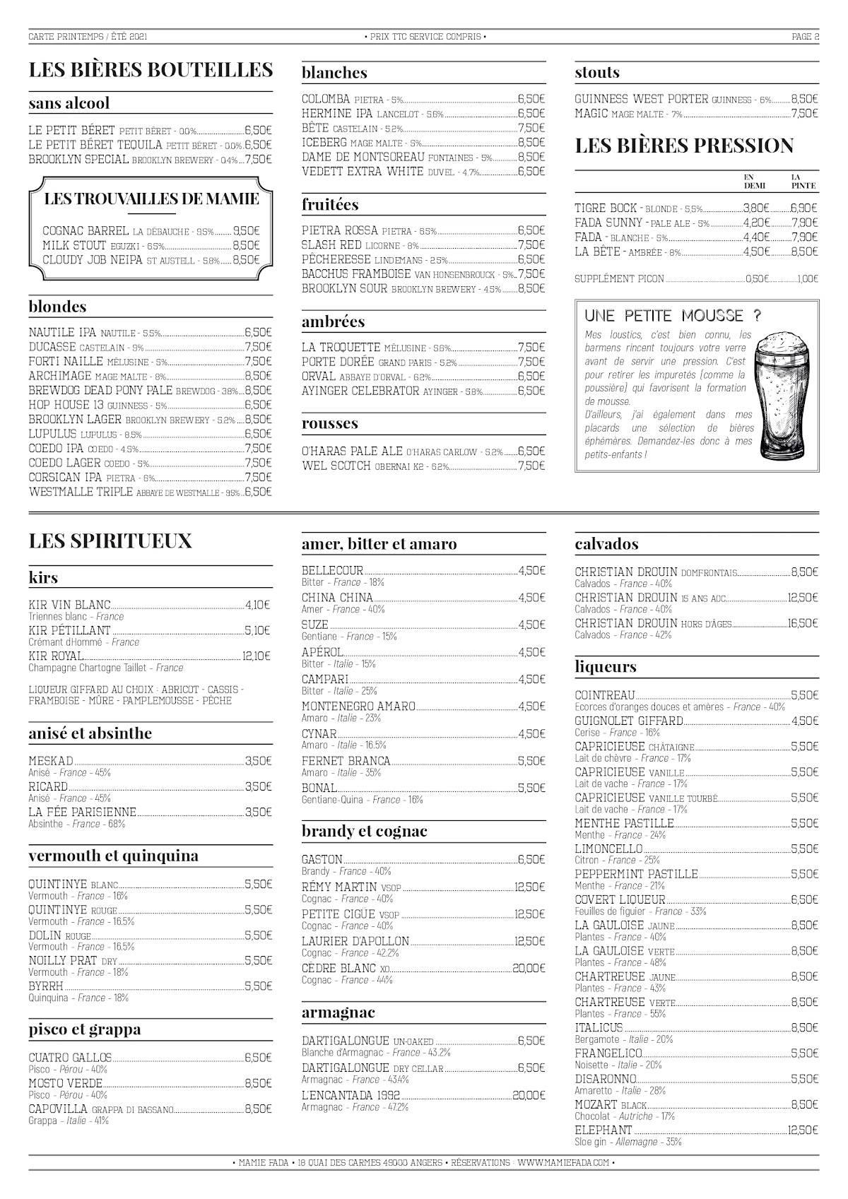 Menu au Mamie Fada restaurant, Angers