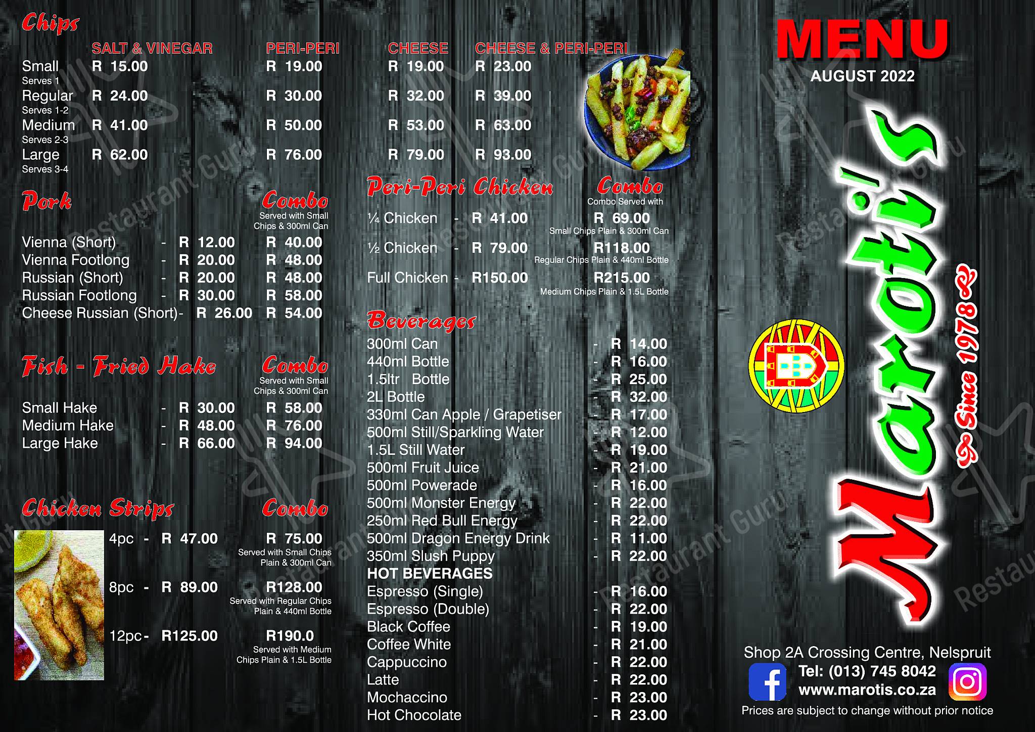 Menu at Maroti's restaurant, Nelspruit, Crossings Centre