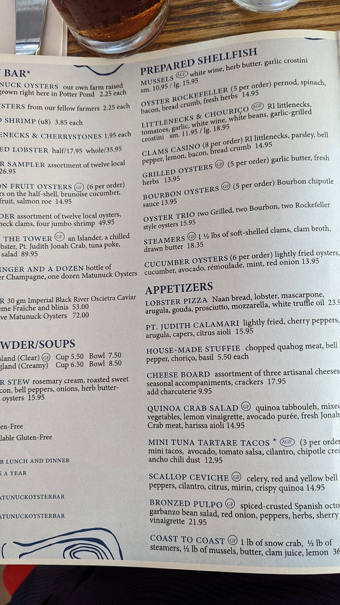 Menu at Matunuck Oyster Bar, South Kingstown, 629 Succotash Rd