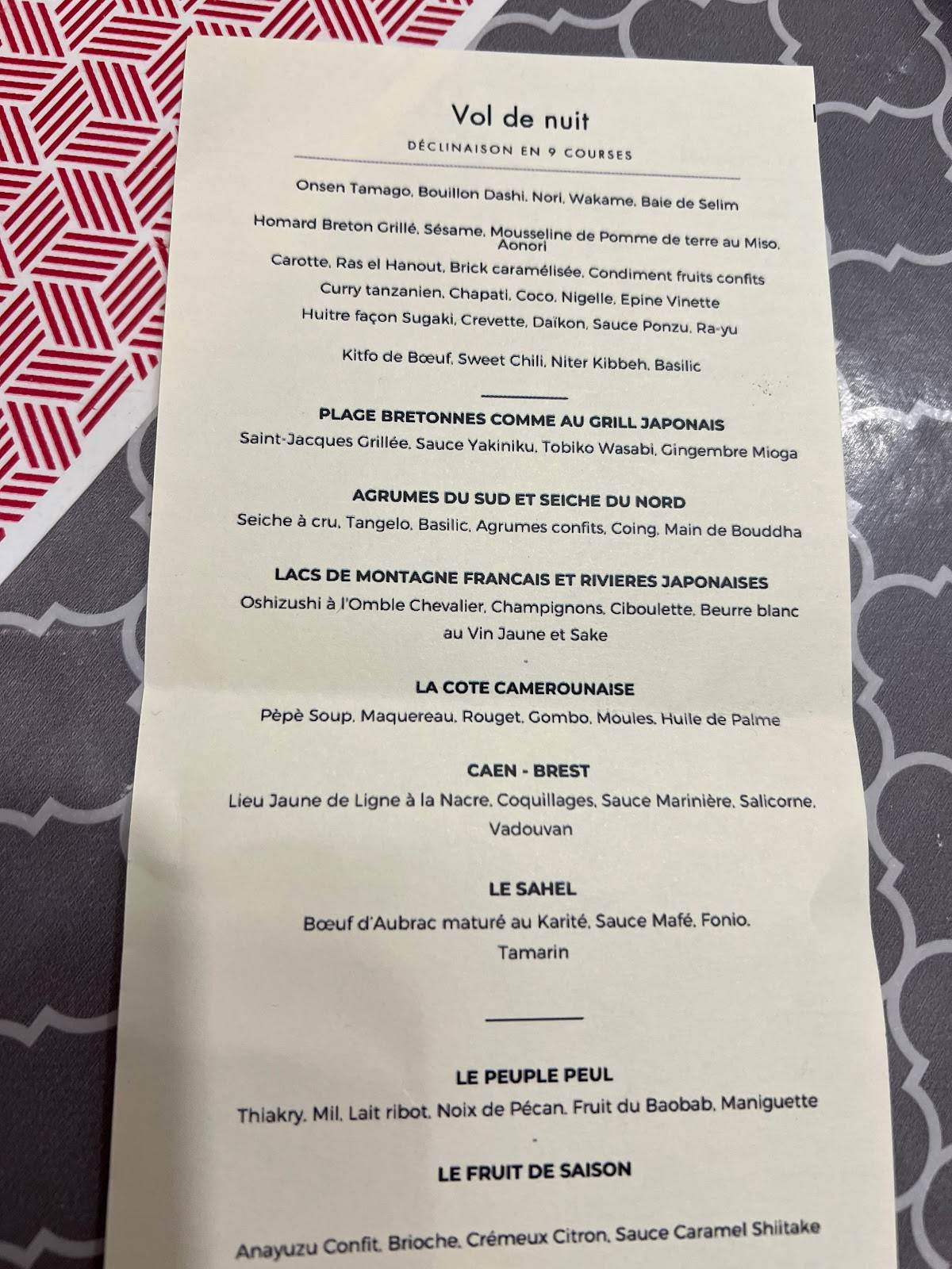 Menu au Mosuke restaurant, Paris