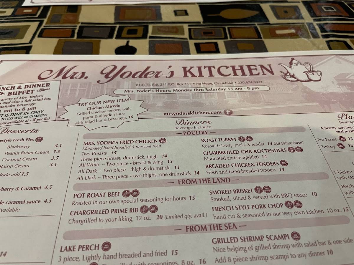 Menu at Mrs Yoders Kitchen restaurant, Mount Hope