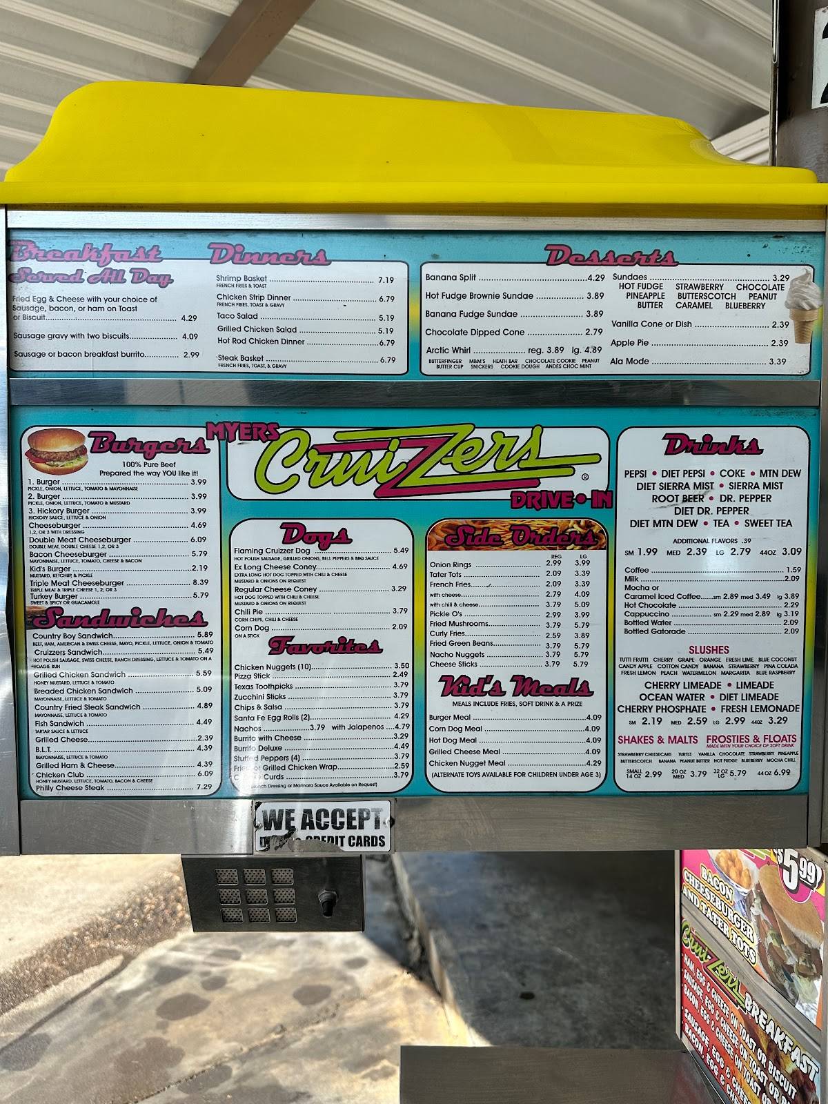Menu at Myers Cruizzers Drive-In restaurant, Mena, 409 U. S. Hwy 71