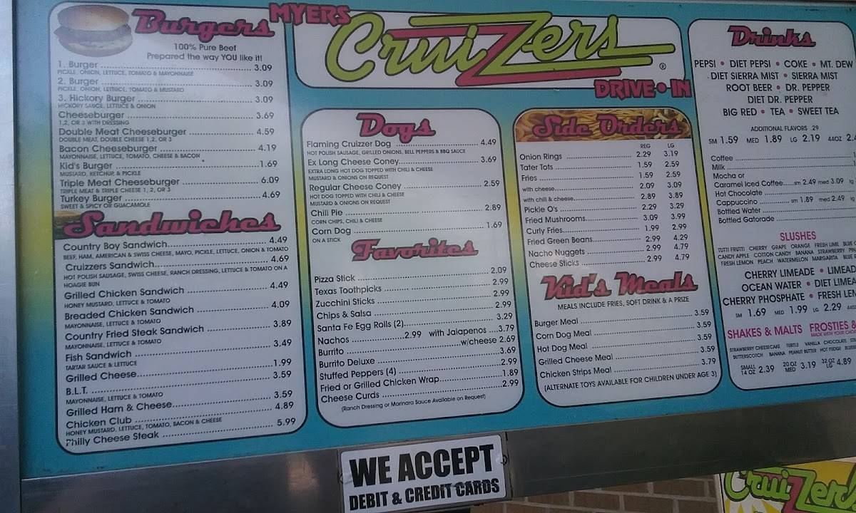 Menu at Myers Cruizzers Drive-In restaurant, Mena, 409 U. S. Hwy 71