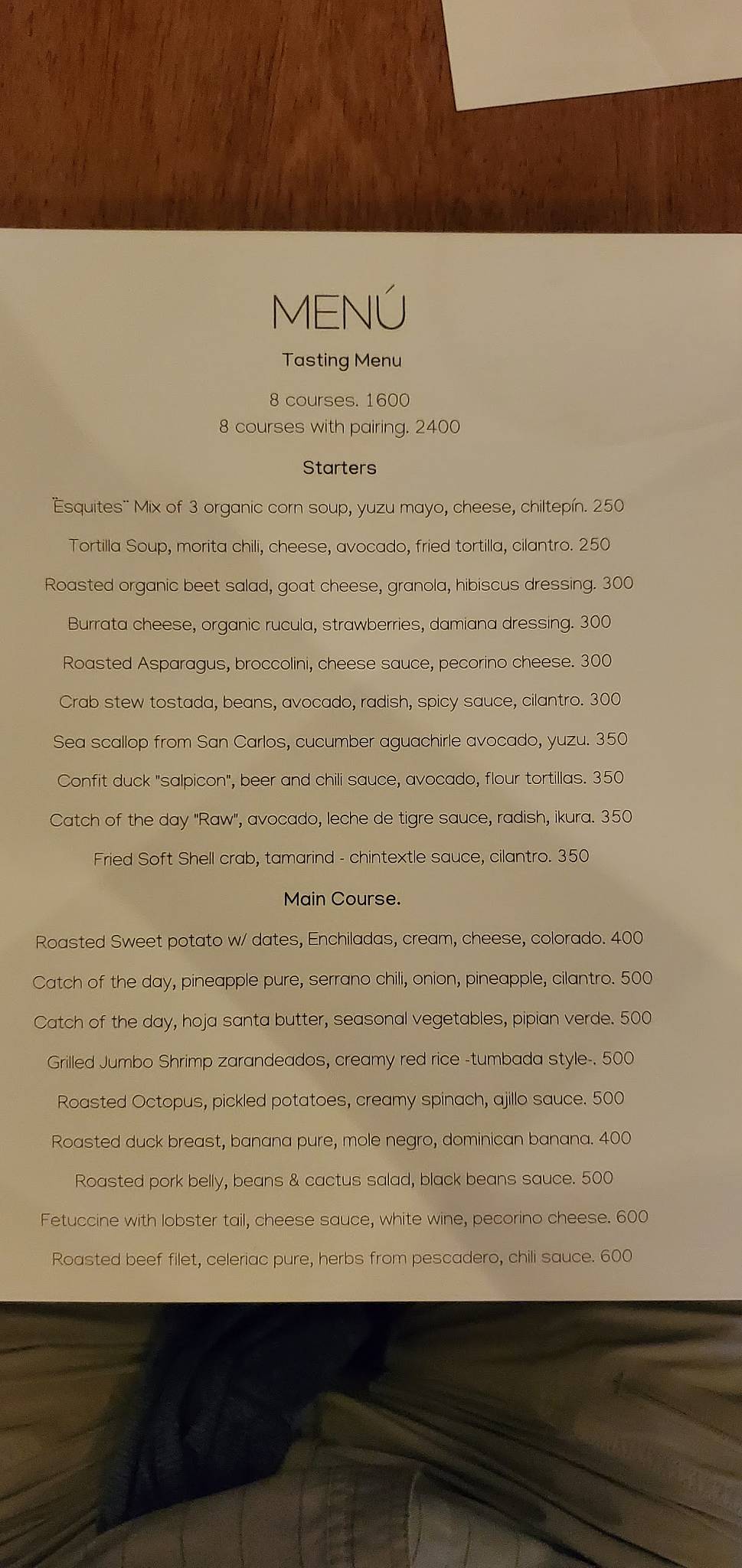 Menu at NEMI restaurant, La Paz