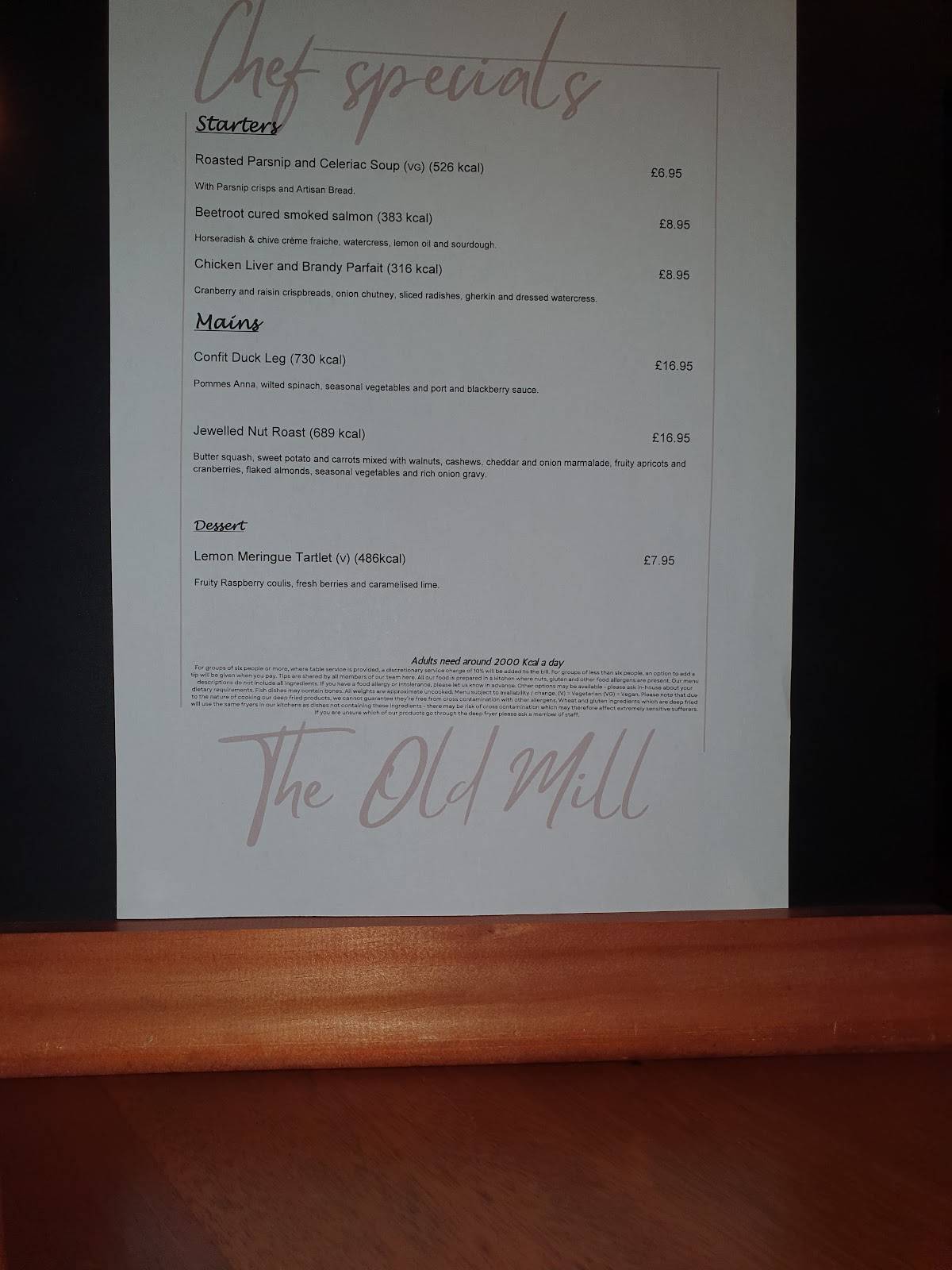Menu at Old Mill restaurant, Ashford