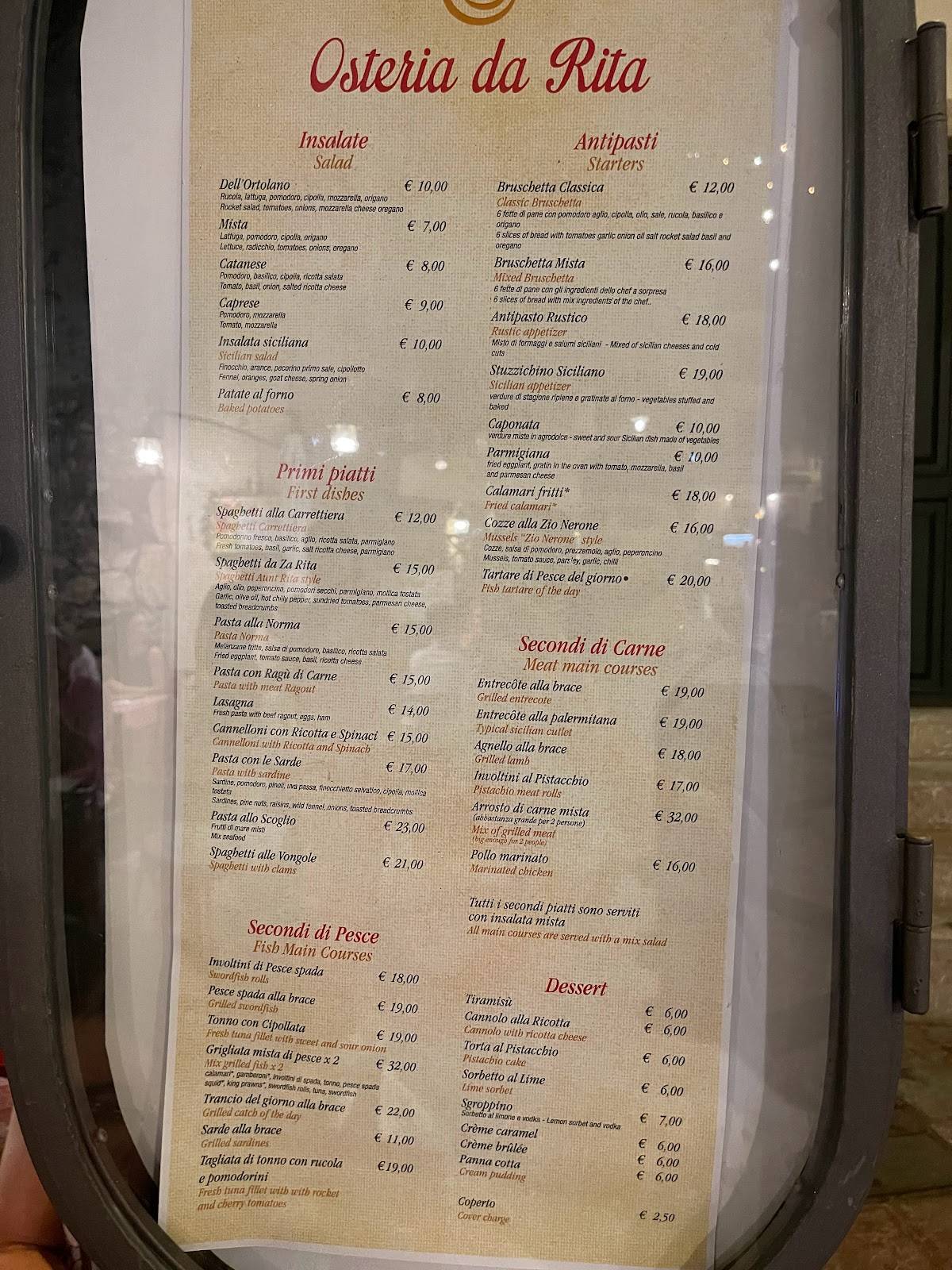 Menu at Osteria da Rita (dal 1991) restaurant, Taormina