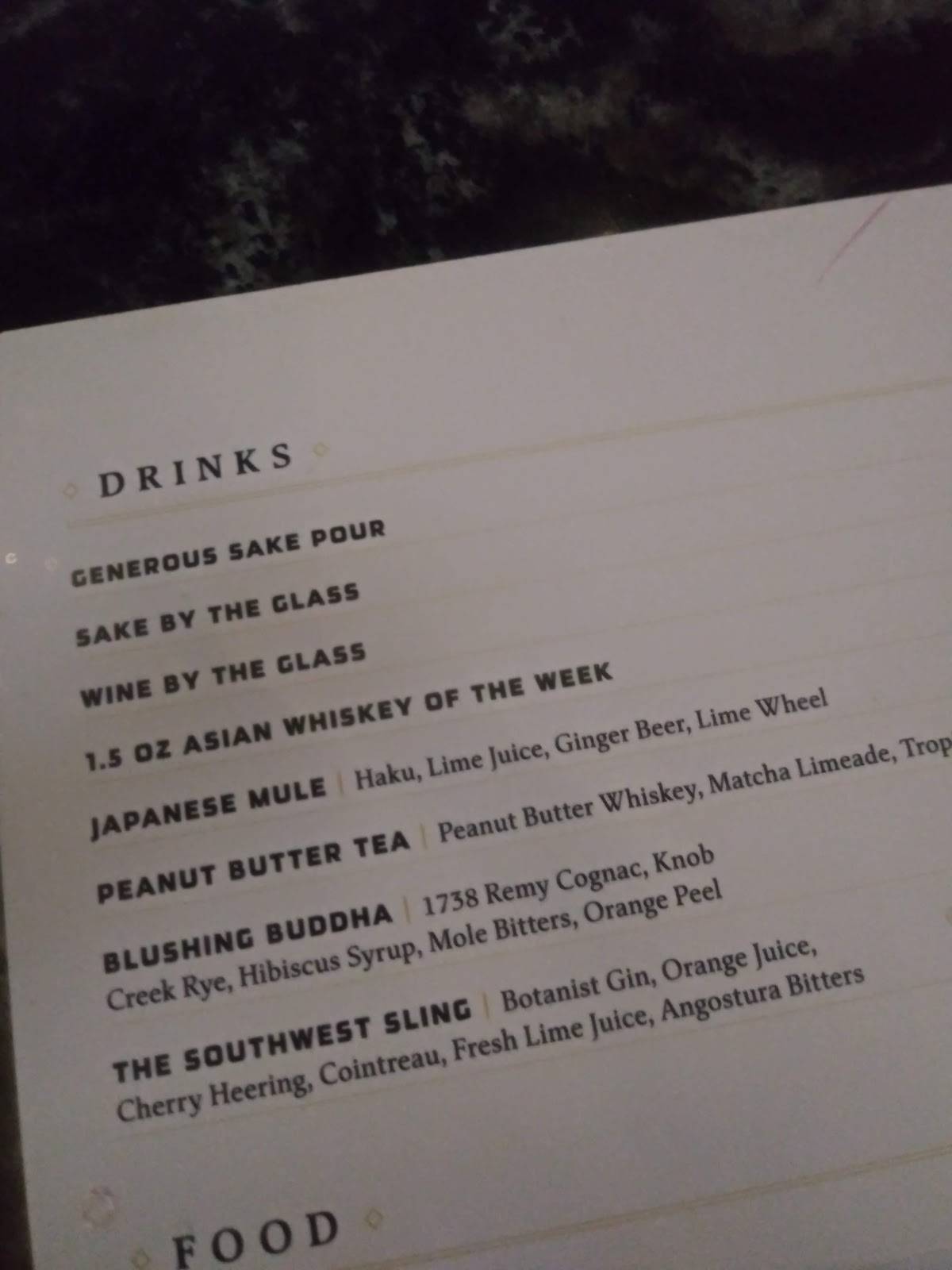 Menu at PAO Detroit restaurant, Detroit