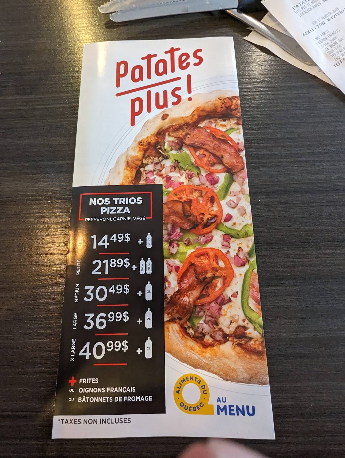 Menu au Restaurant Patates Plus, Québec