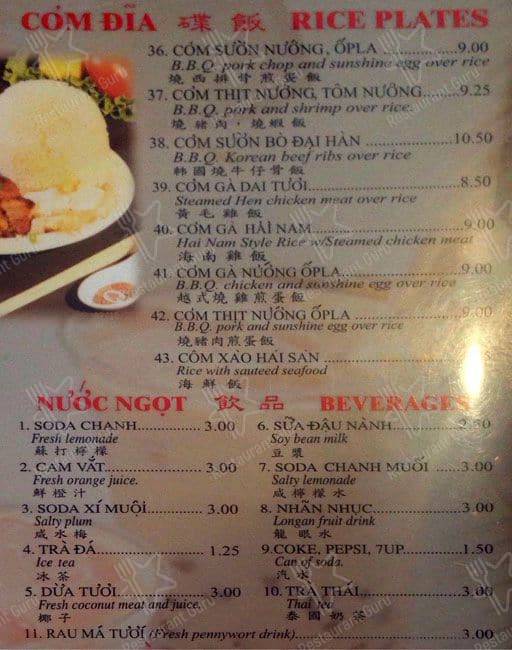 Menu at Pho Kim Long restaurant, San Jose