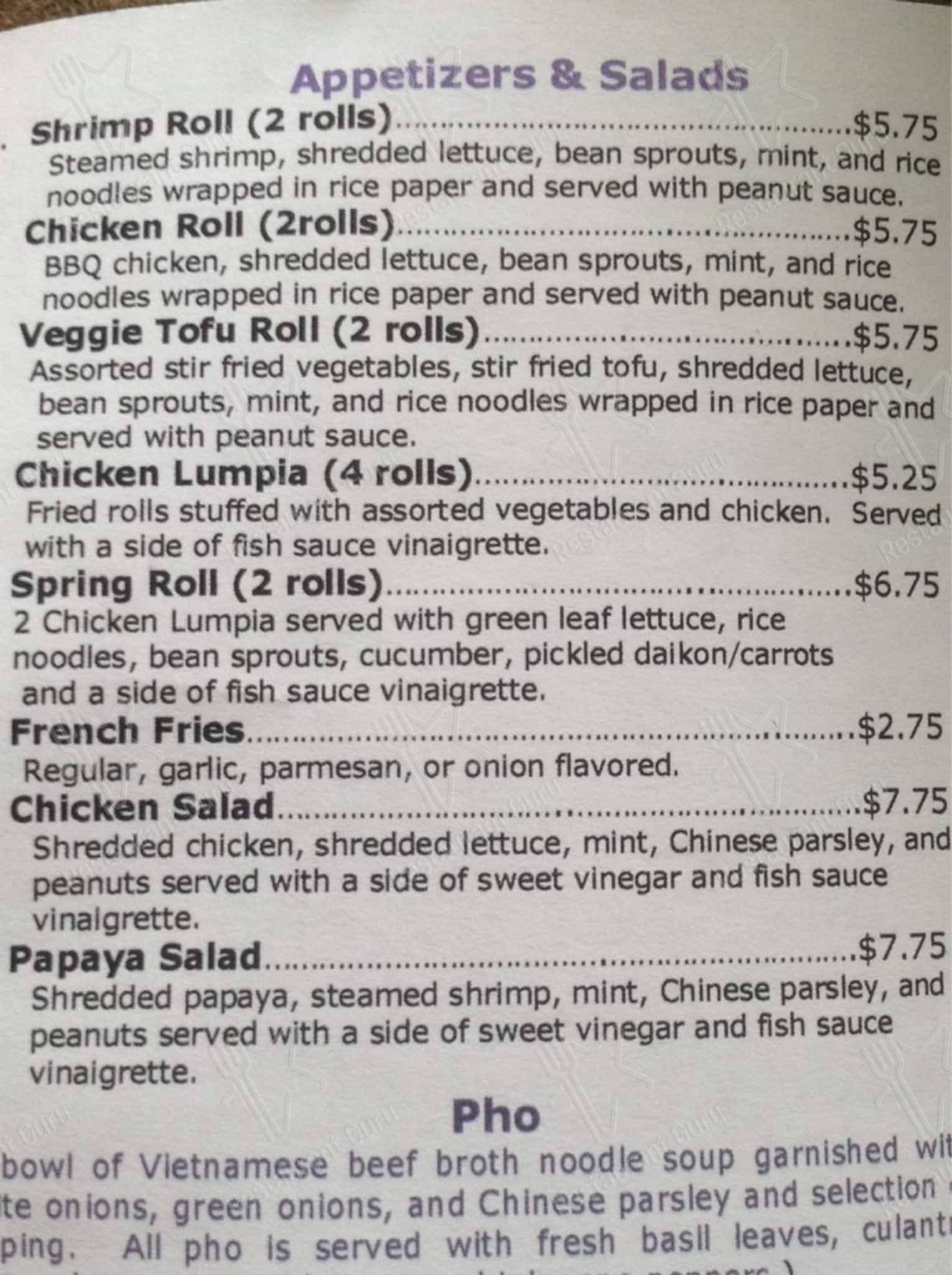 Menu at Phở King Vietnamese Restaurant, Wahiawa