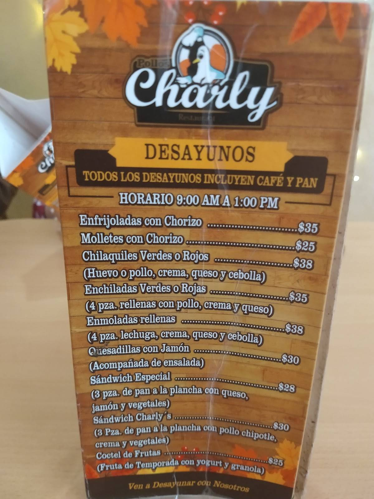 Carta de Pollos Charly 2 Restaurant, Fortín de las Flores