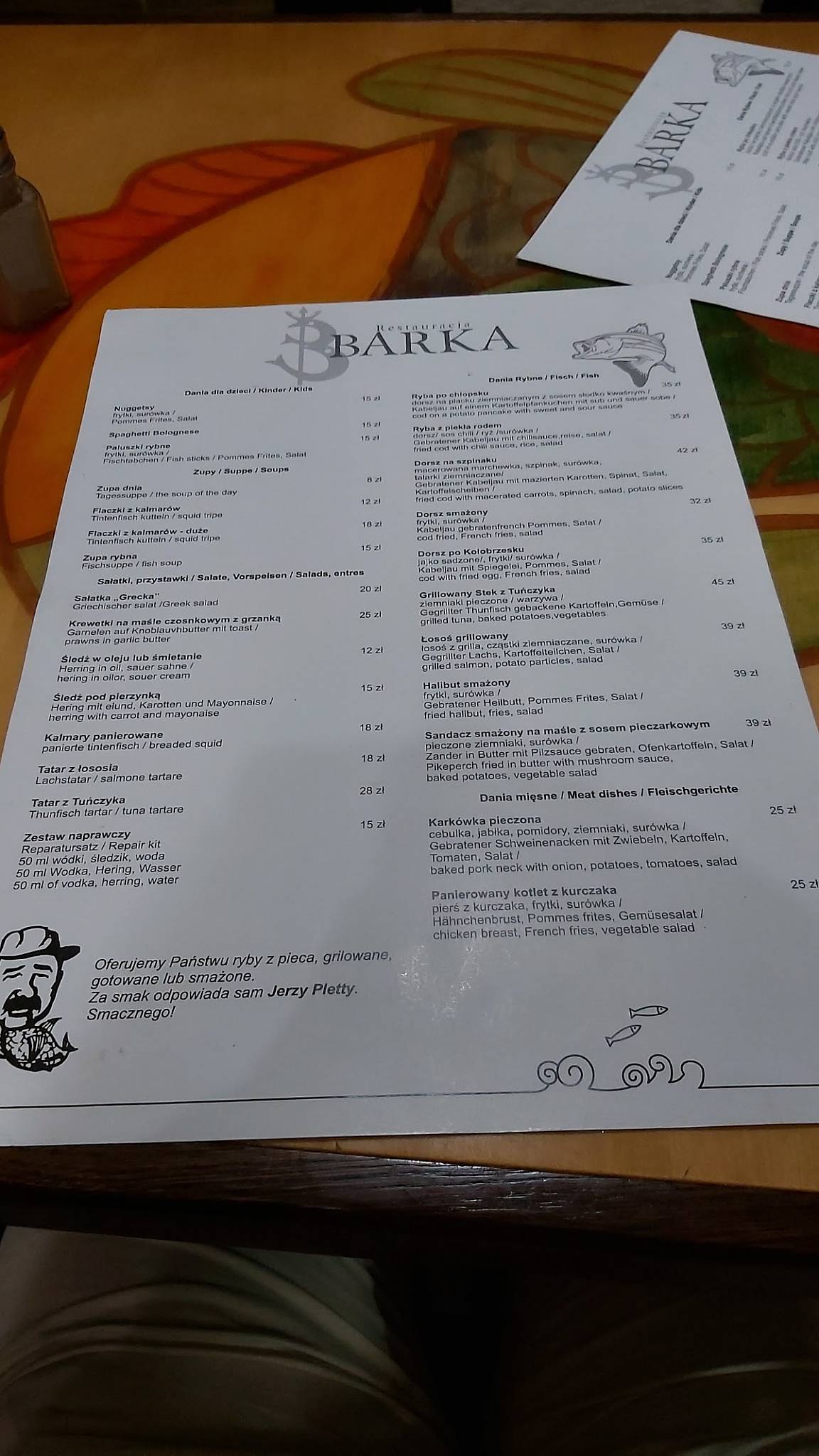 Menu at Restauracja Barka, Kolobrzeg