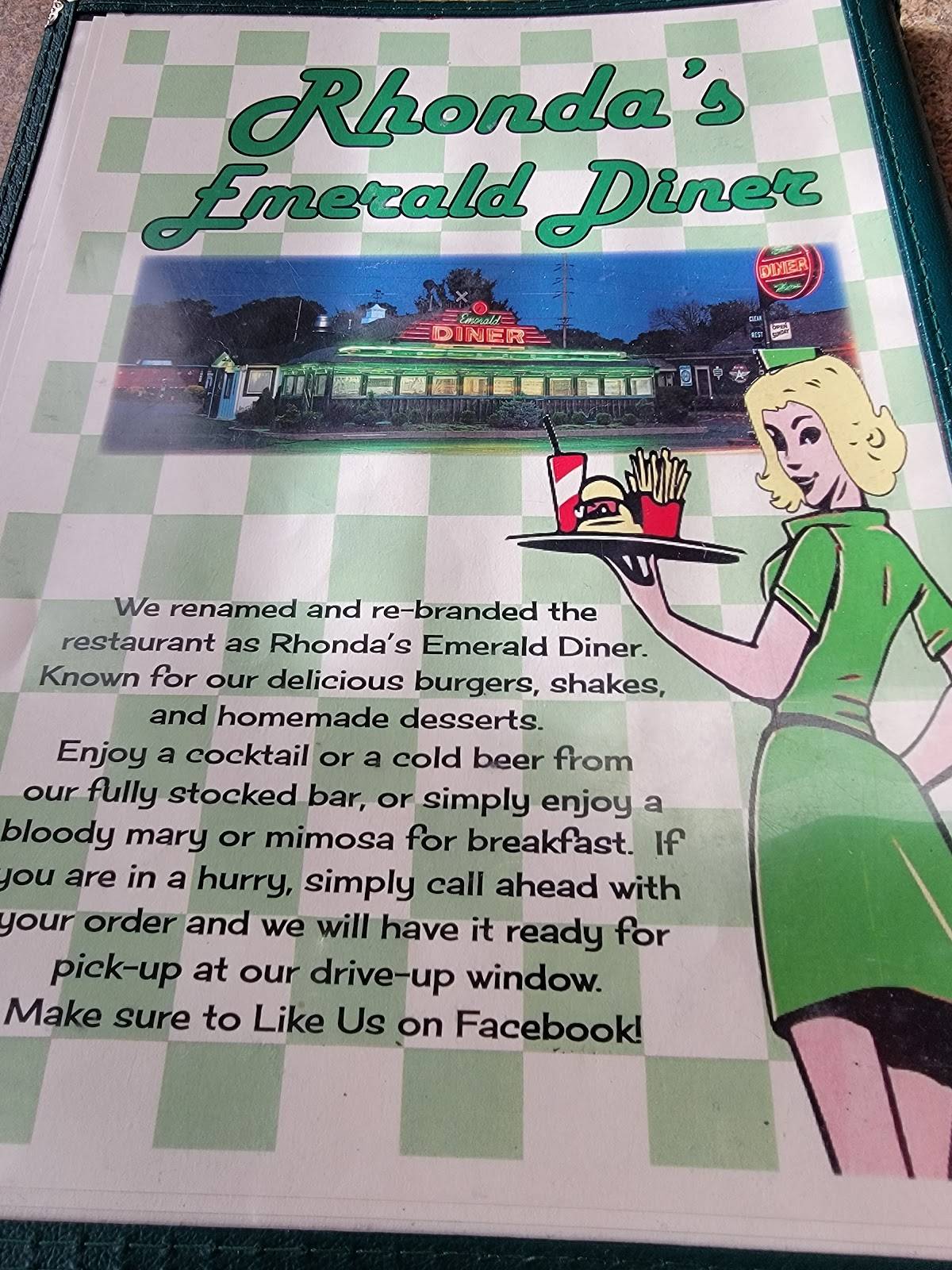 Menu at Rhonda's Emerald Diner restaurant, Hubbard, 825 N Main St