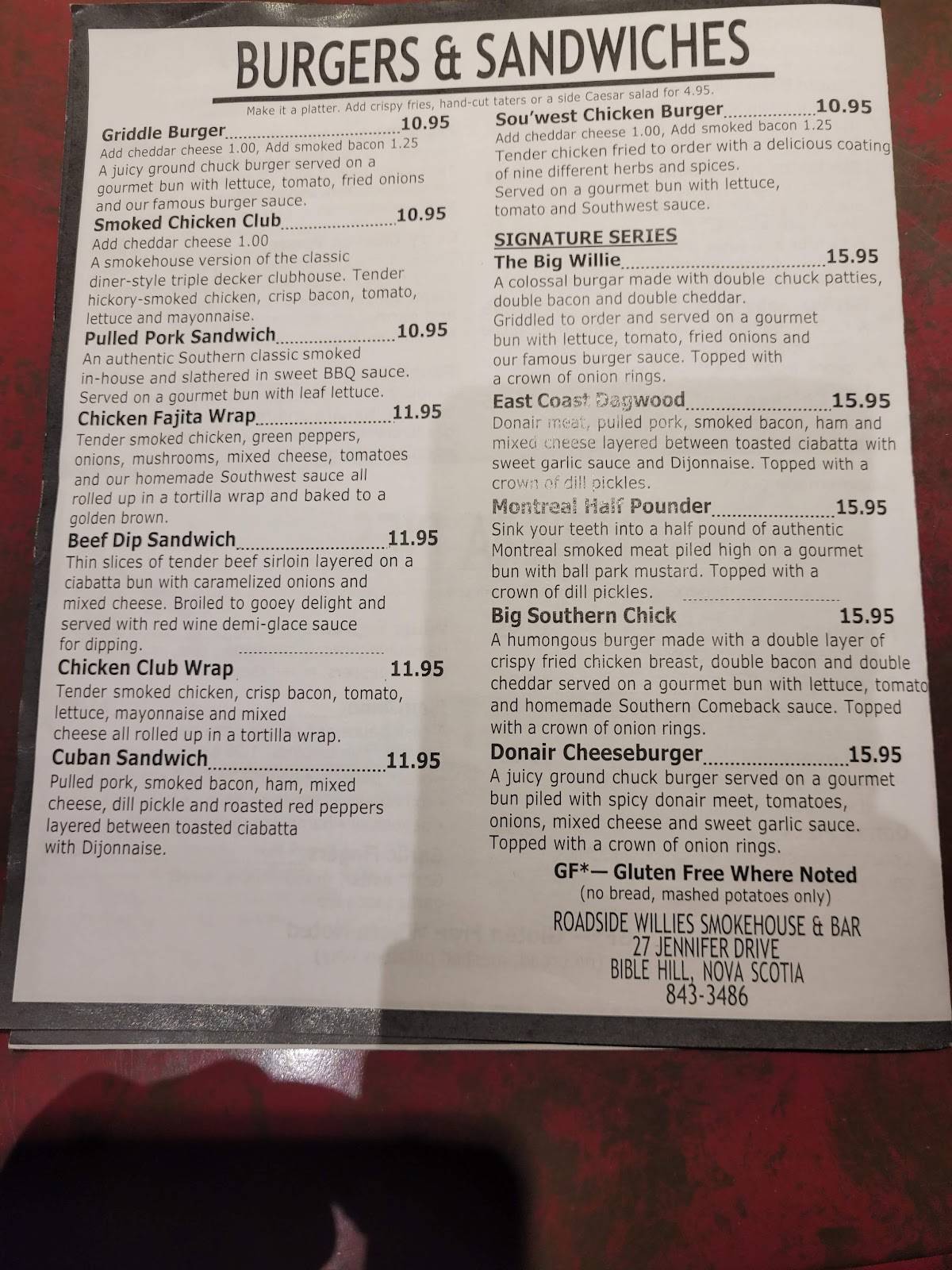 Menu at Roadside Willies Smokehouse & Bar, Truro