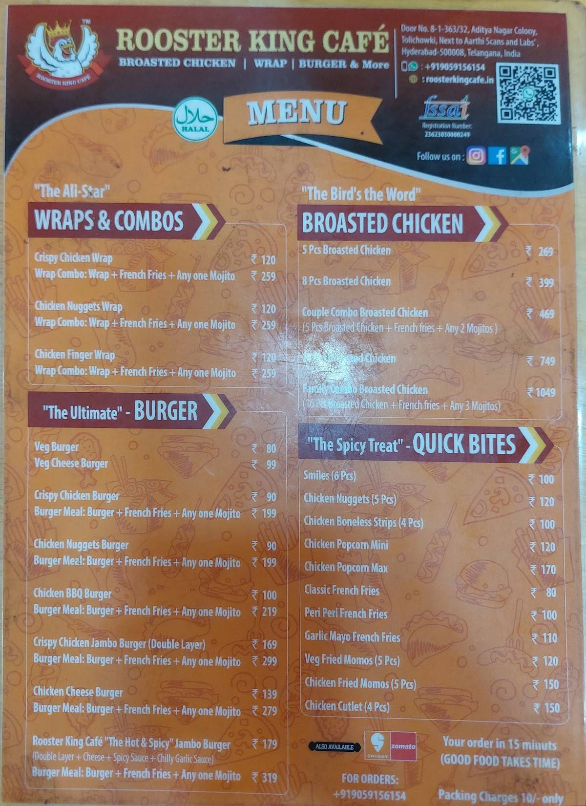 Menu at Rooster King Café, Hyderabad