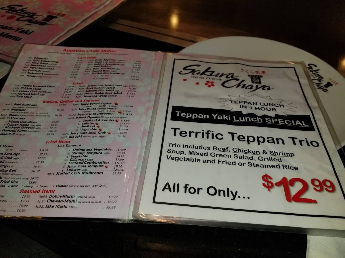 Menu at Sakura Chaya restaurant, Fresno