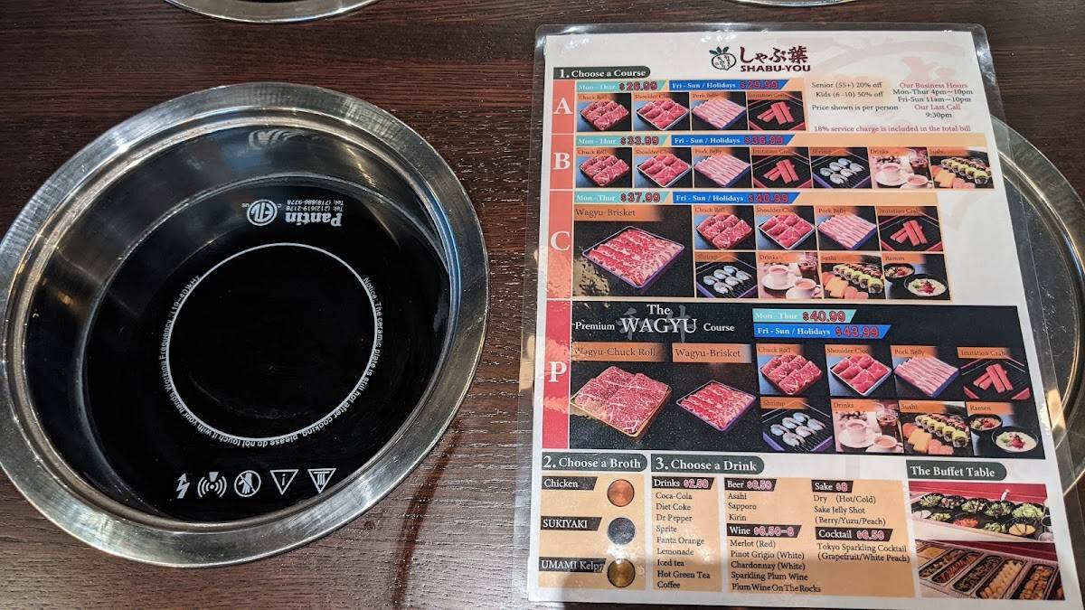 Menu at Shabu-You Japanese Buffet restaurant, Schaumburg