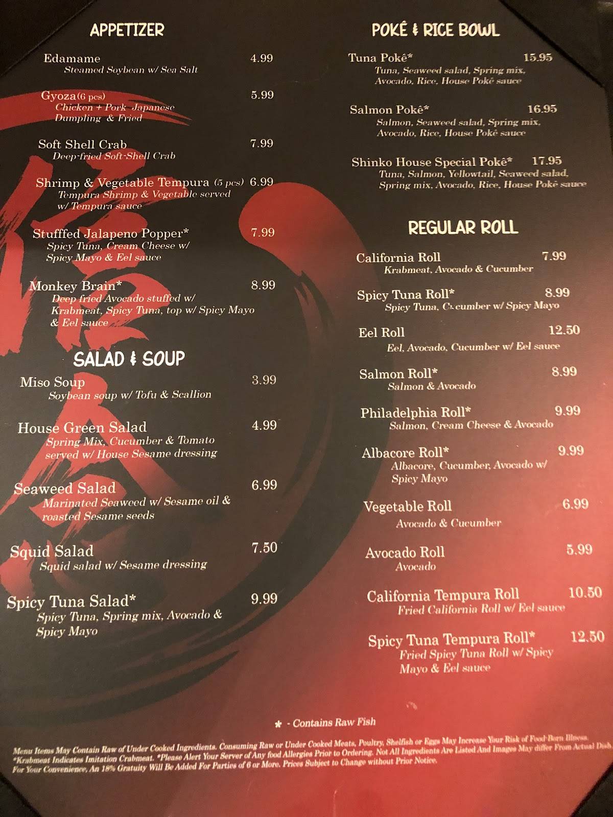 Menu at Shinkō Sushi House restaurant, Phoenix