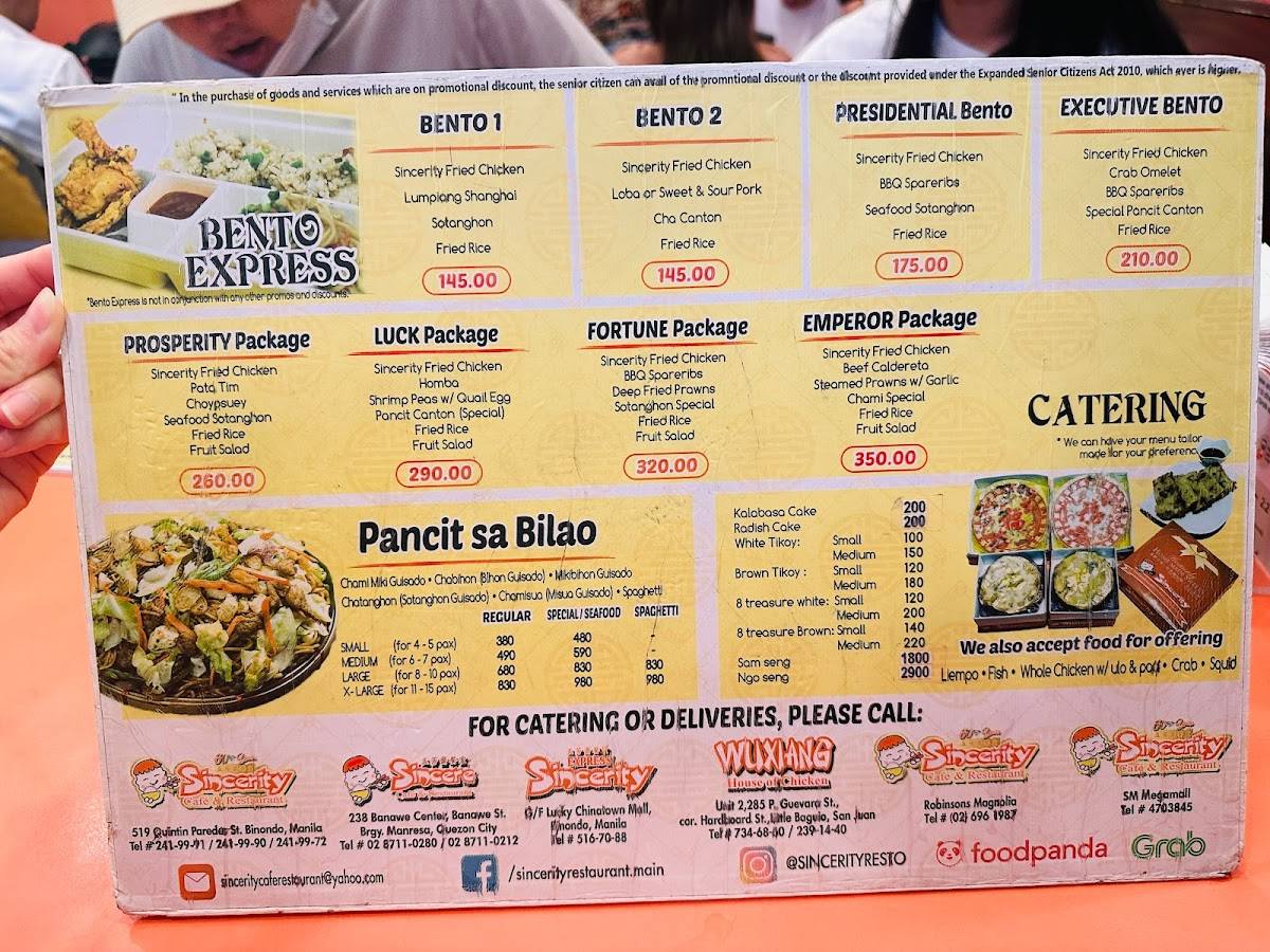 Menu at Sincerity Restaurant, Manila, 519 Quintin Paredes