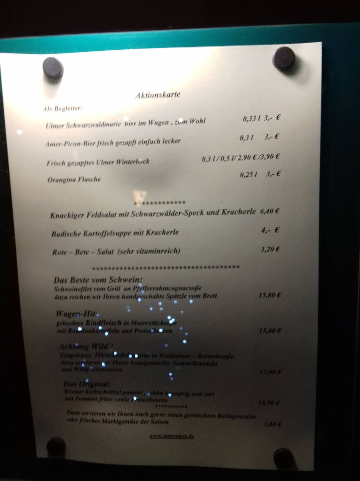 Speisekarte von Speiselokal zum Wagen in Fautenbach restaurant, Achern