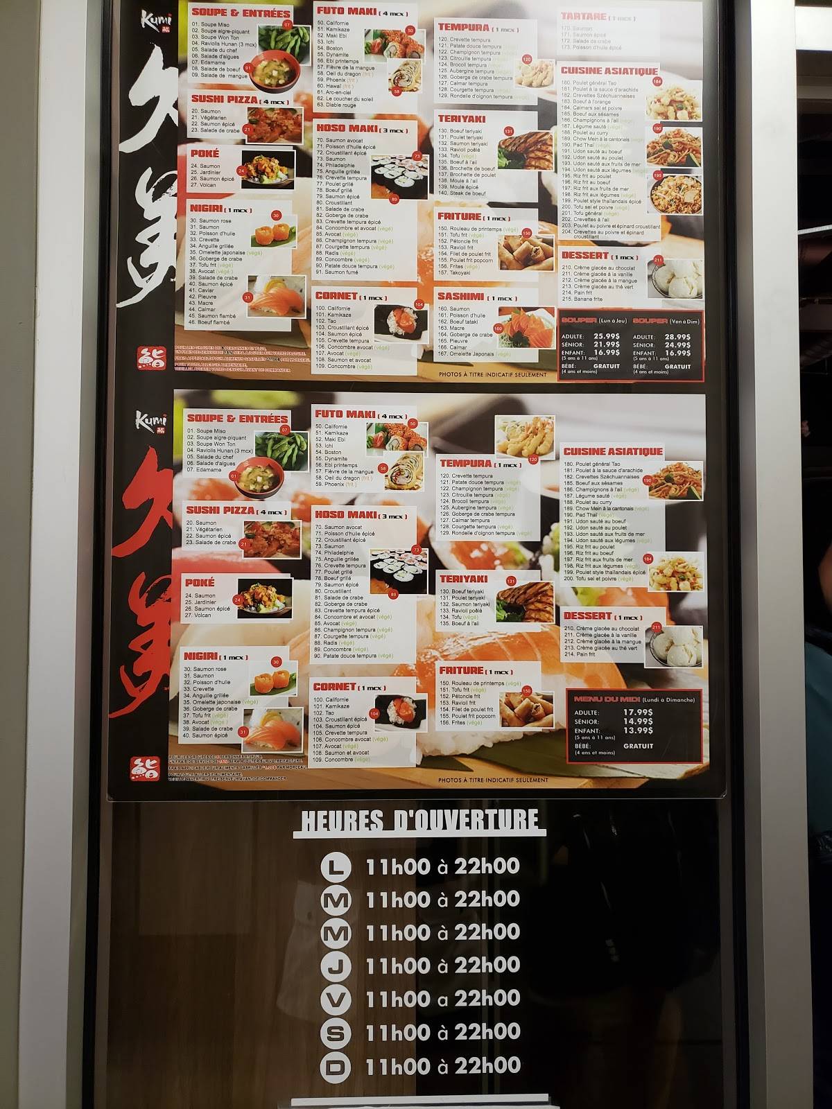 Menu au Sushi Kumi restaurant, Québec, 815 Bd Lebourgneuf