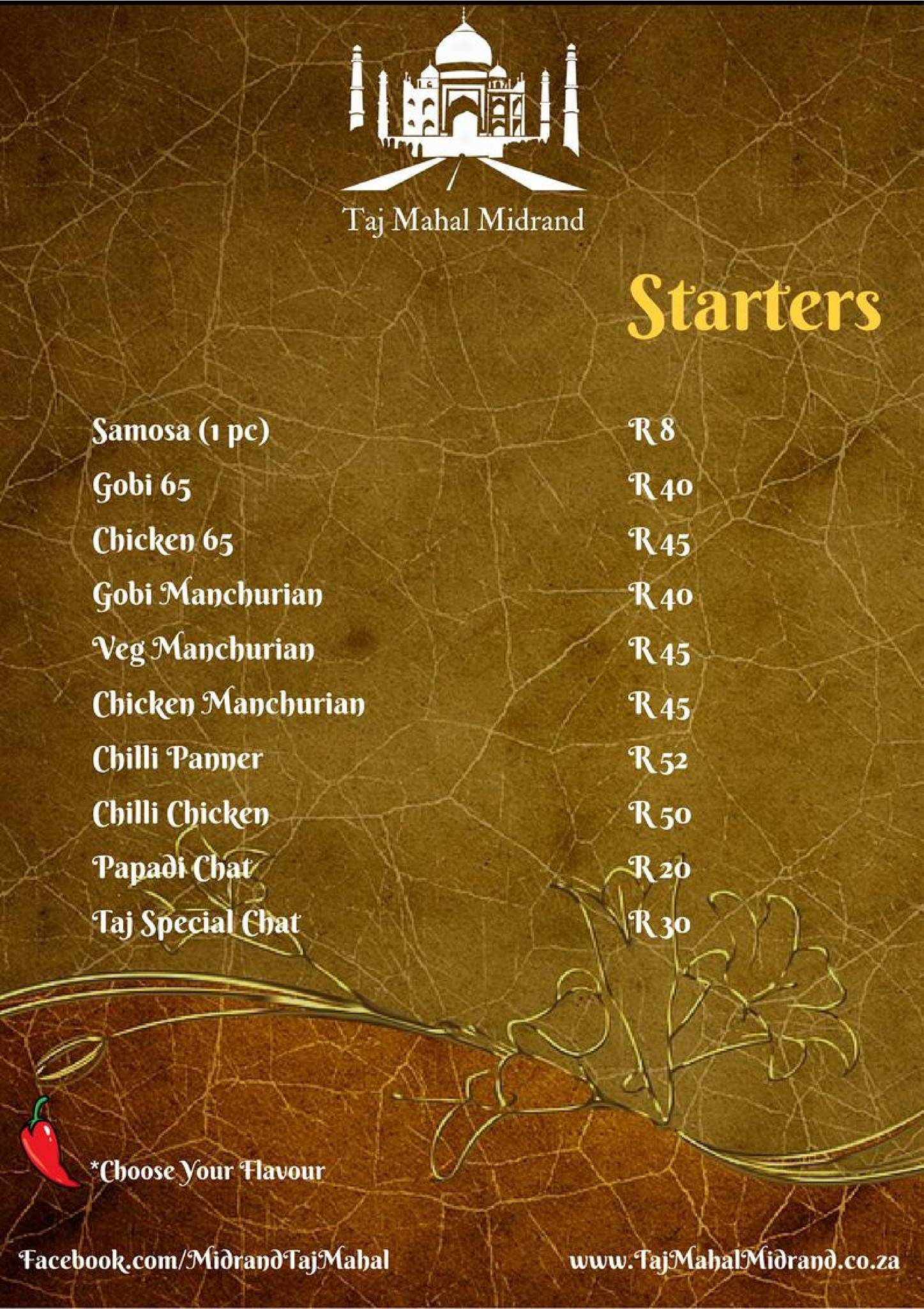 Menu at Taj Mahal Indian Restaurant, Midrand, 37 Le Roux Avenue