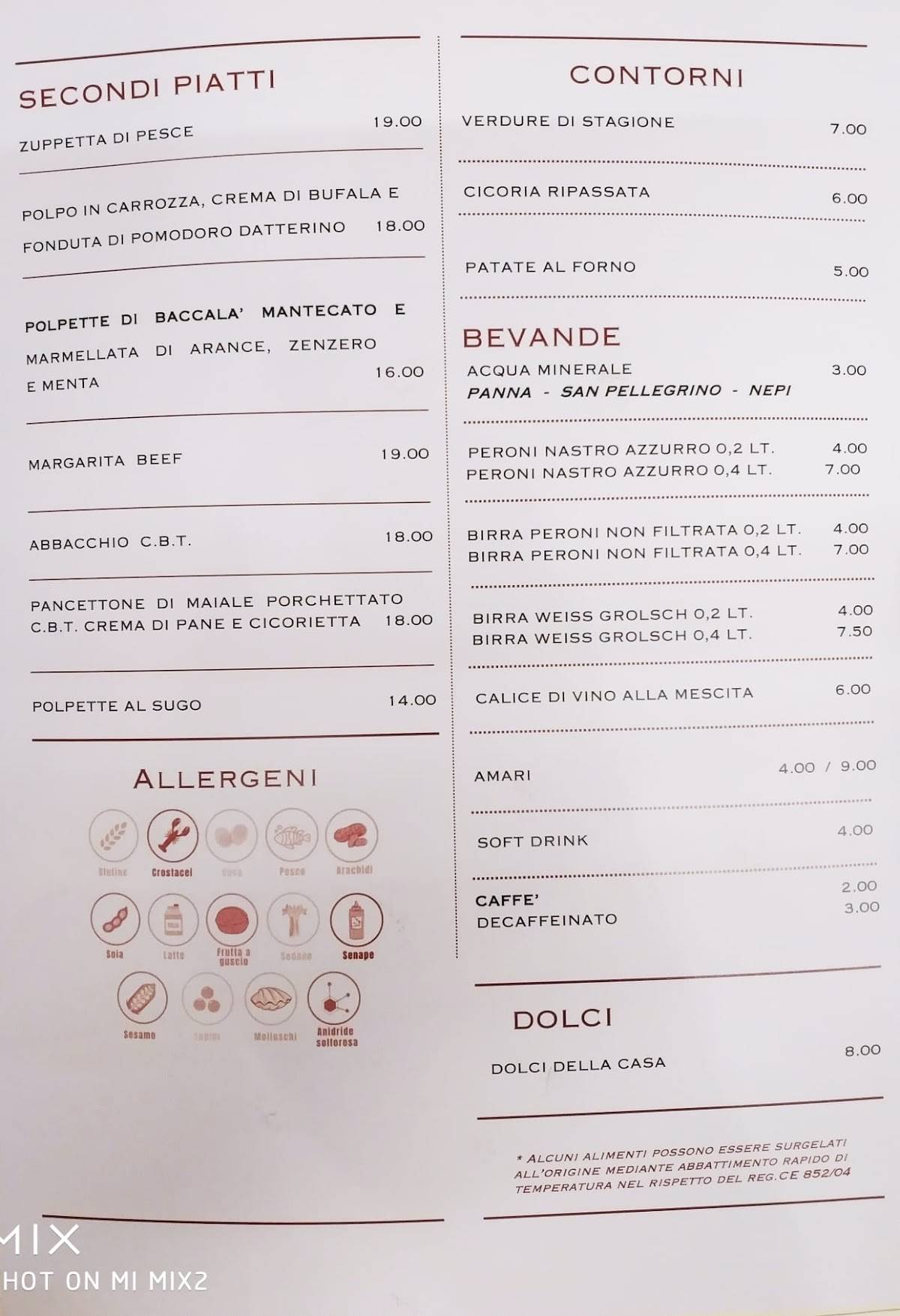 Menu at Taverna Testaccio restaurant, Rome