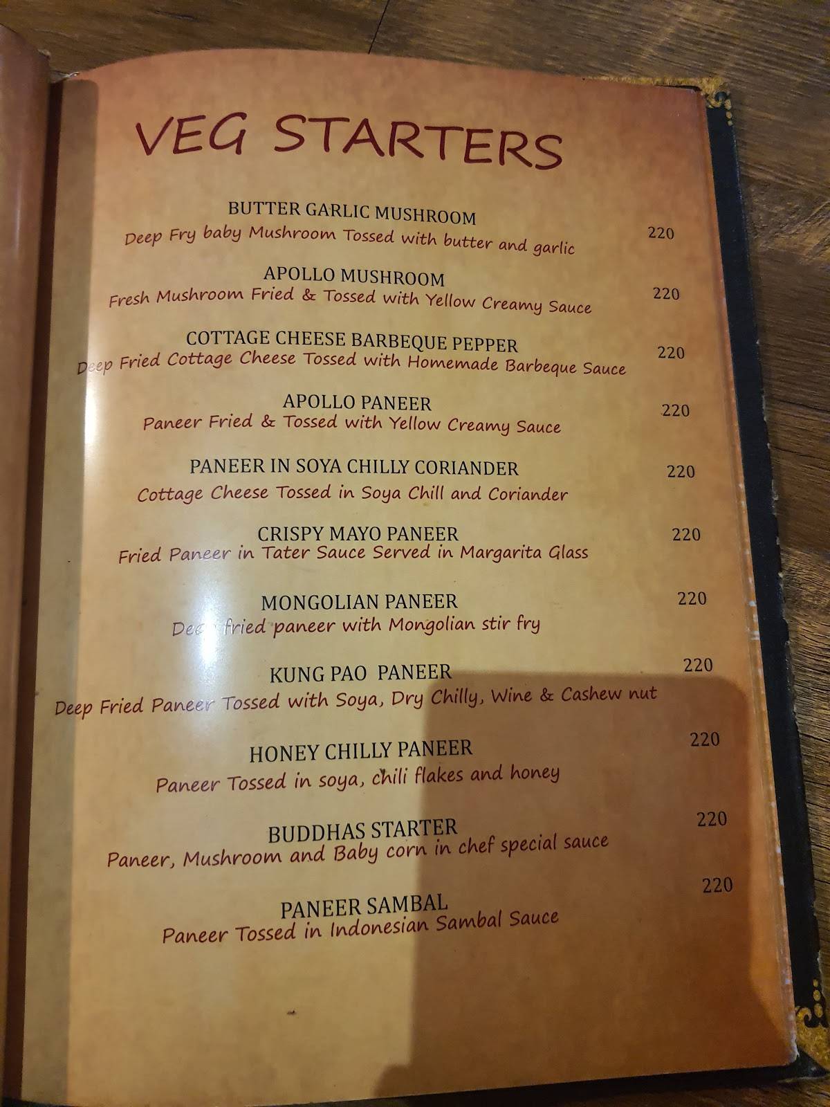 Menu at The Laughing Buddha, Manipal