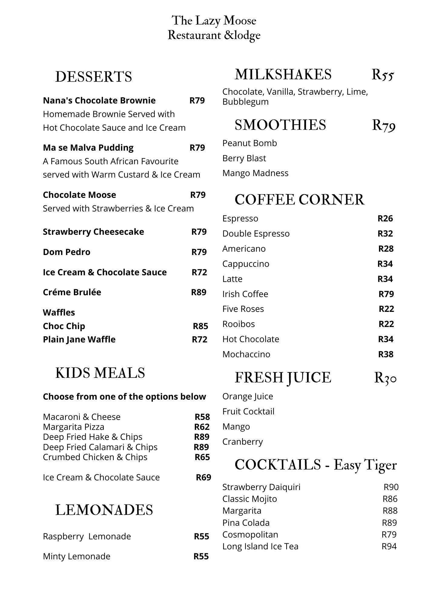 Menu at The Lazy Moose Restaurant & Lodge, Ezembeni