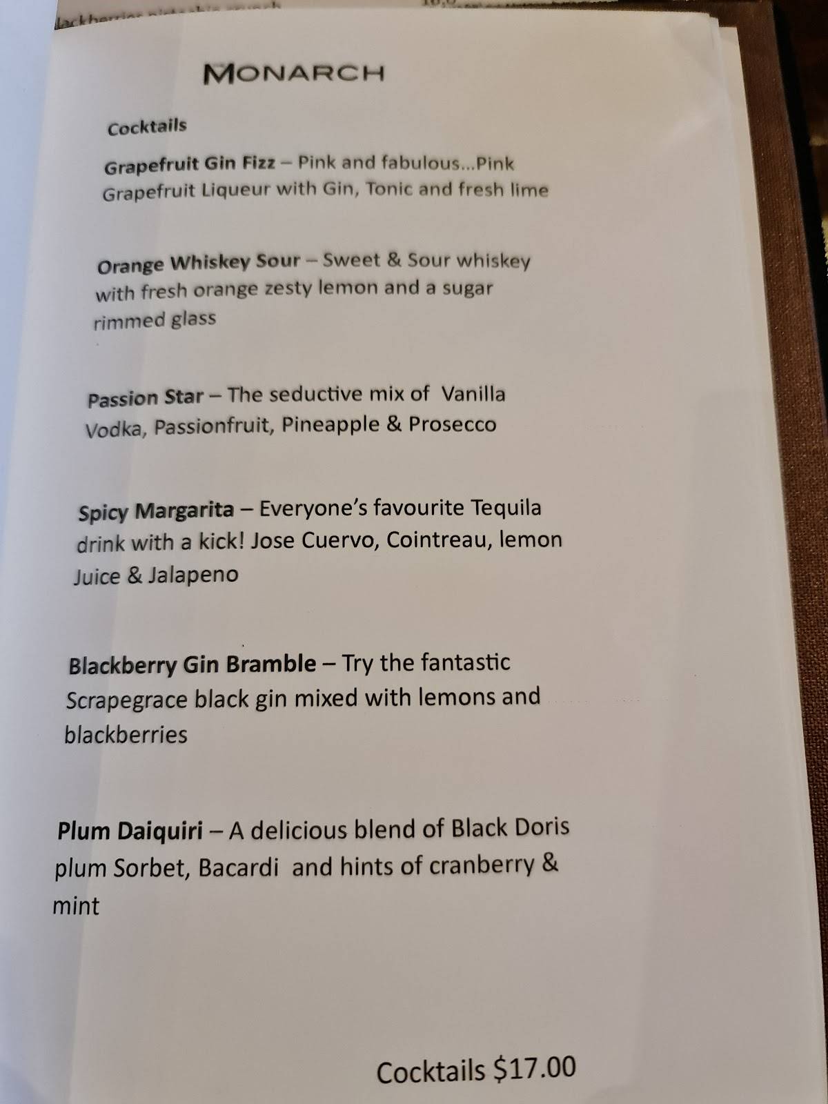 Menu at The Monarch cafe, Pukekohe