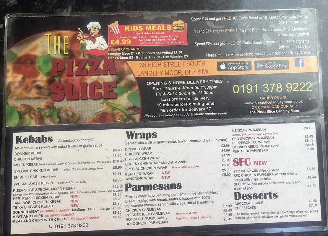 Menu at The Pizza Slice restaurant, Durham