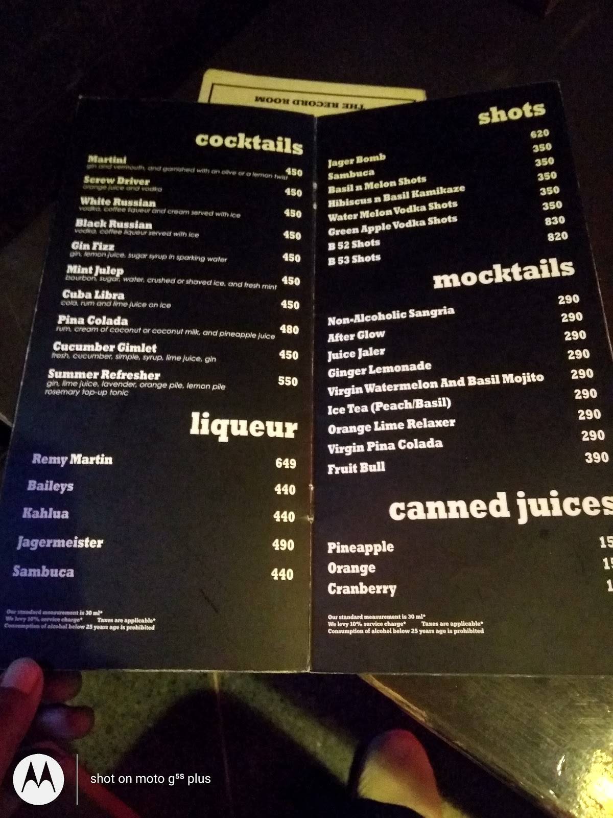 Menu at The Record Room Delhi, New Delhi
