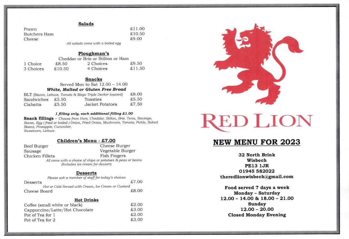 Menu at The Red Lion restaurant, Wisbech