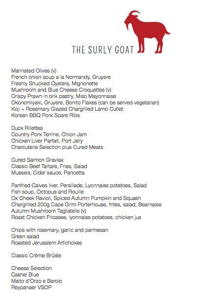 Menu at The Surly Goat restaurant, Hepburn Springs