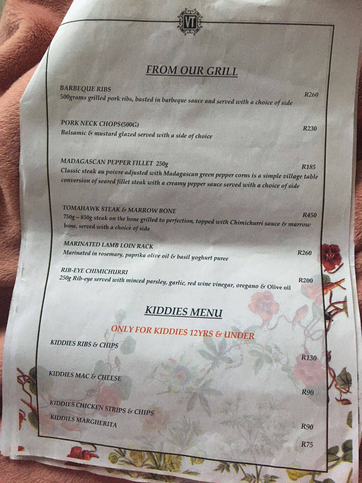 Menu at The Village Table restaurant, Durban