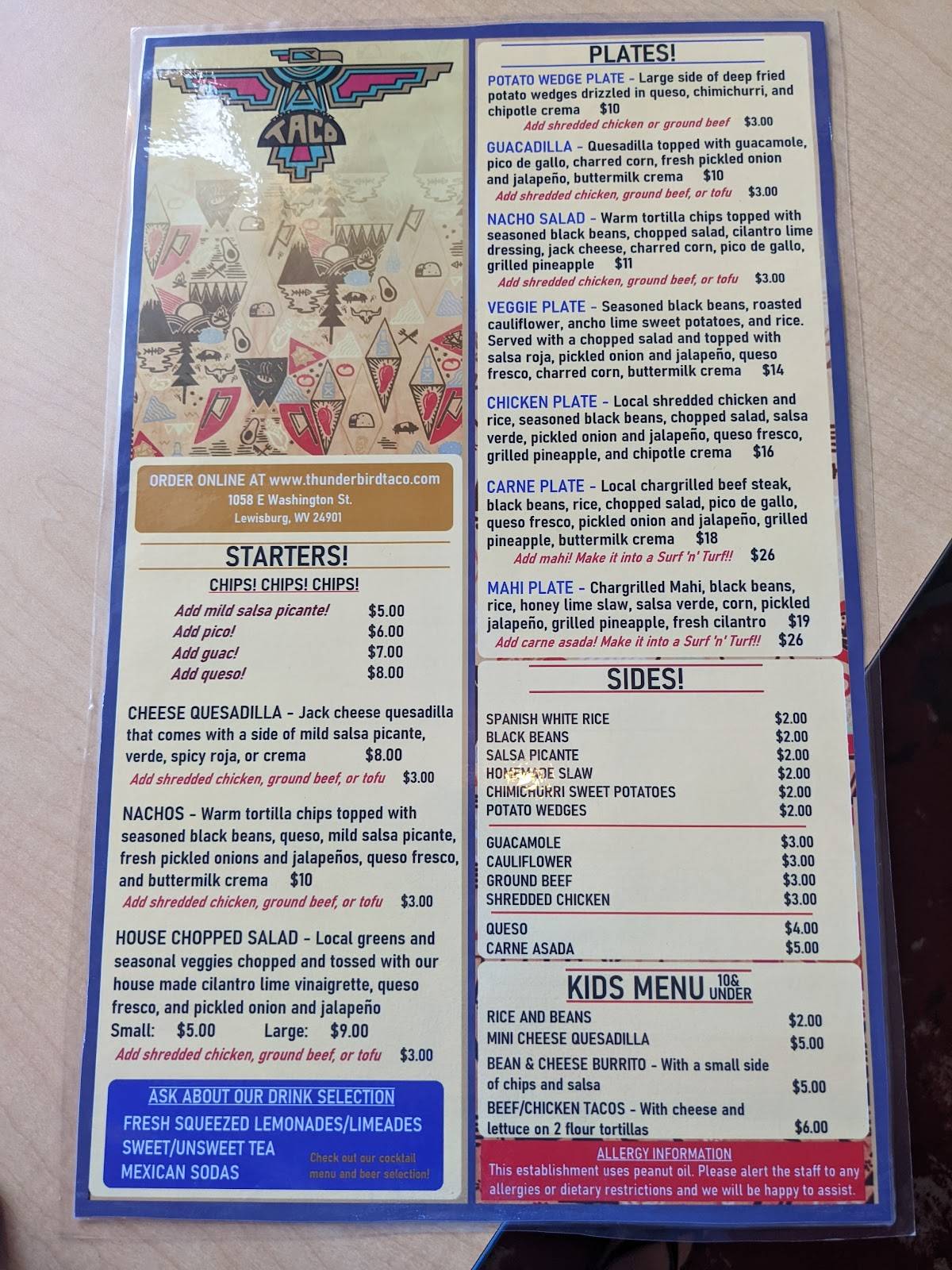 Menu at Thunderbird Tacos restaurant, Lewisburg, E Washington St
