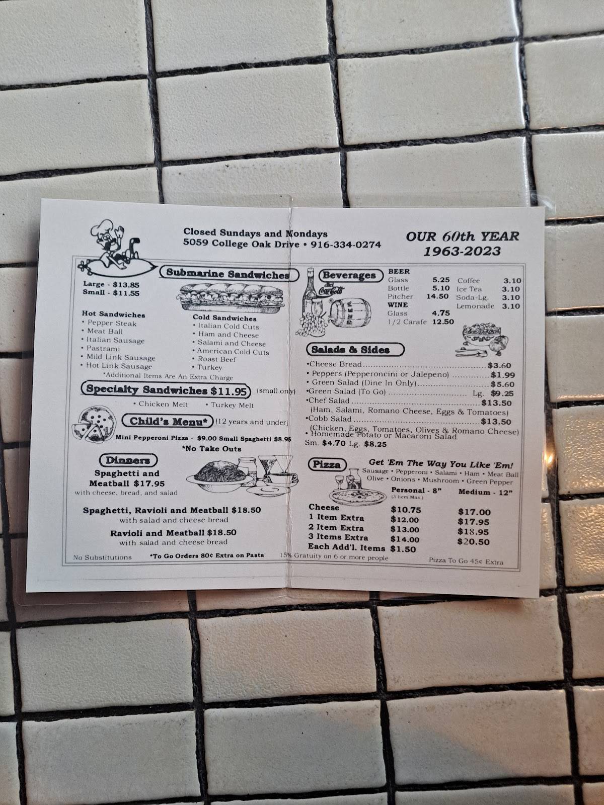 Menu at Tony Baloney's restaurant, Sacramento